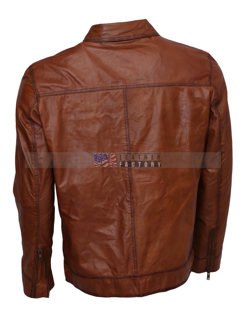Simple Brown Waxed Men Leather Jacket - USA Leather Factory