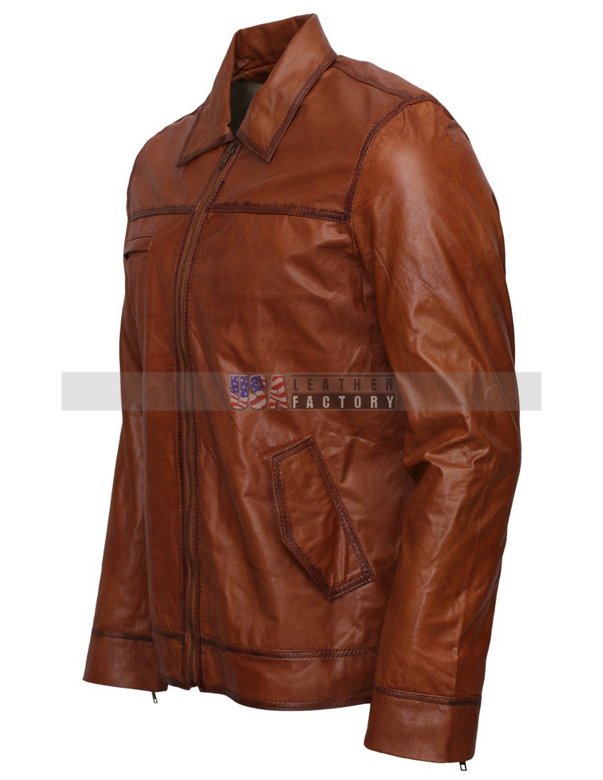 Simple Brown Waxed Men Leather Jacket - USA Leather Factory