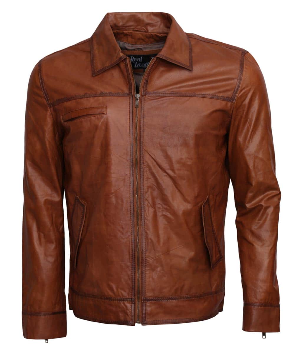 Simple Brown Waxed Men Leather Jacket - USA Leather Factory