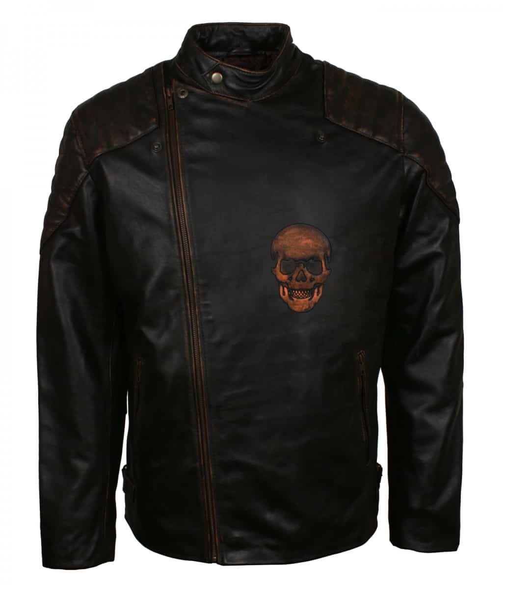Quilted Skull Embossed Black Leather Jacket for Men - USA Leather Factory