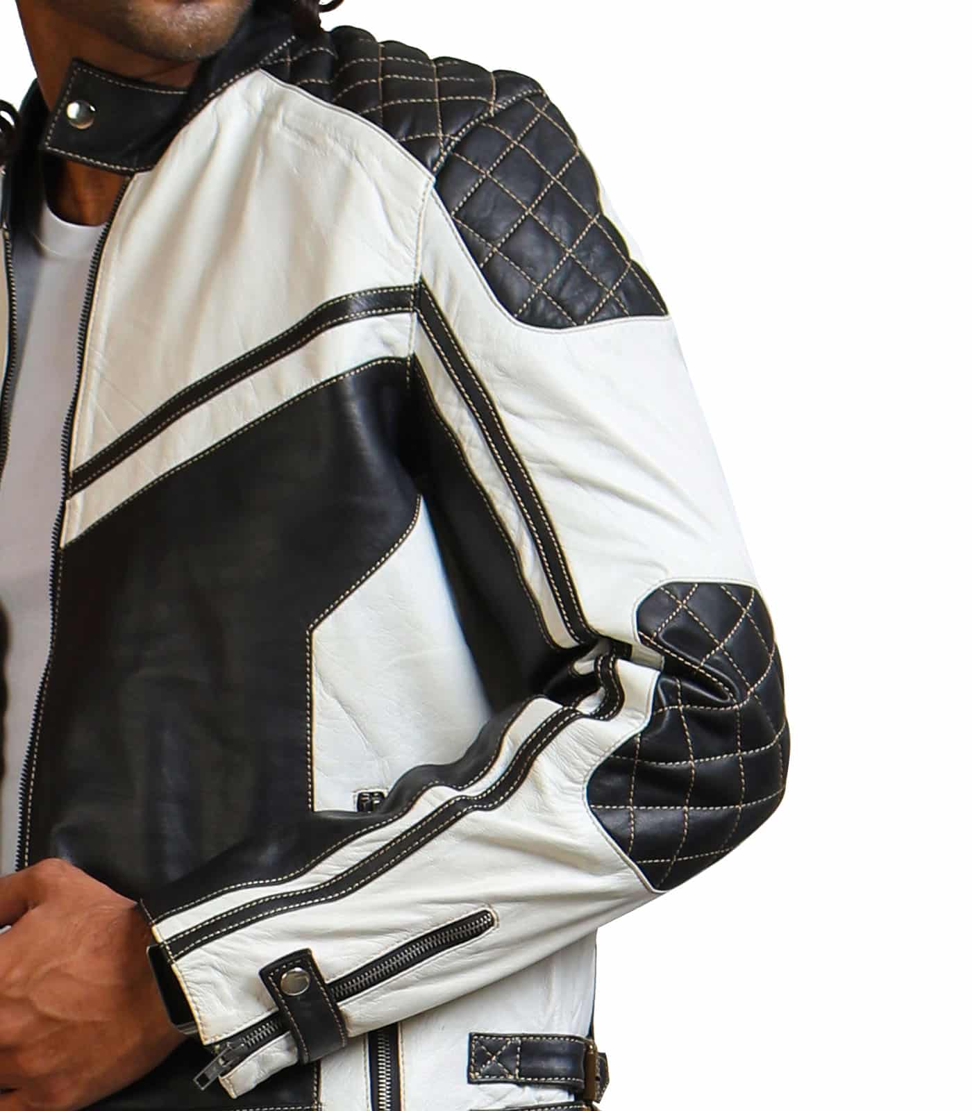 Men White and Black Quilted Leather Jacket - USA Leather Factory