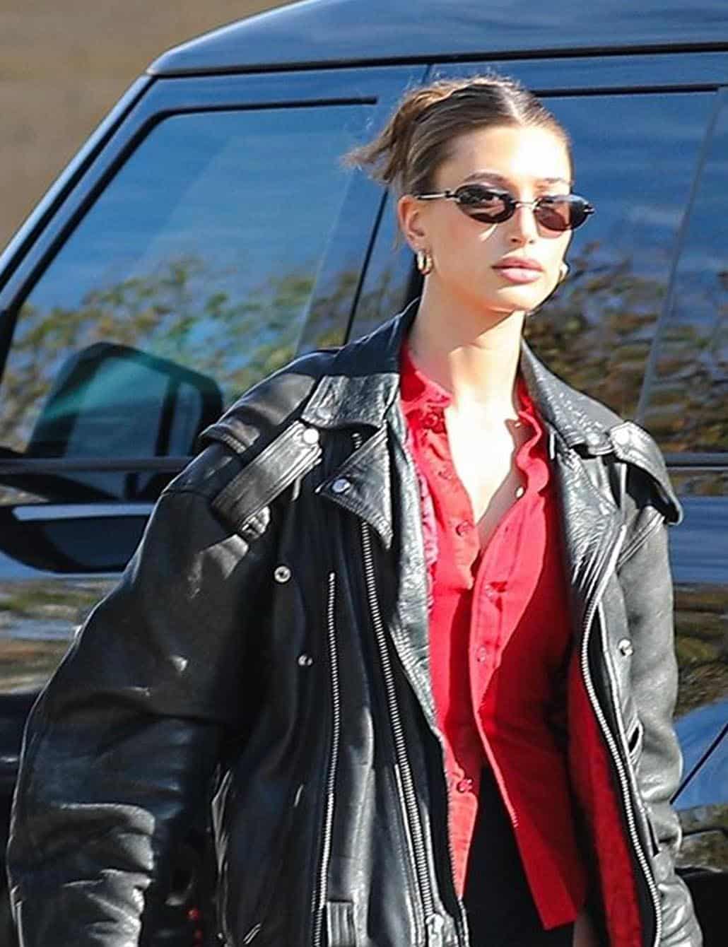 Black Biker Hailey Bieber Leather Jacket - USA Leather Factory