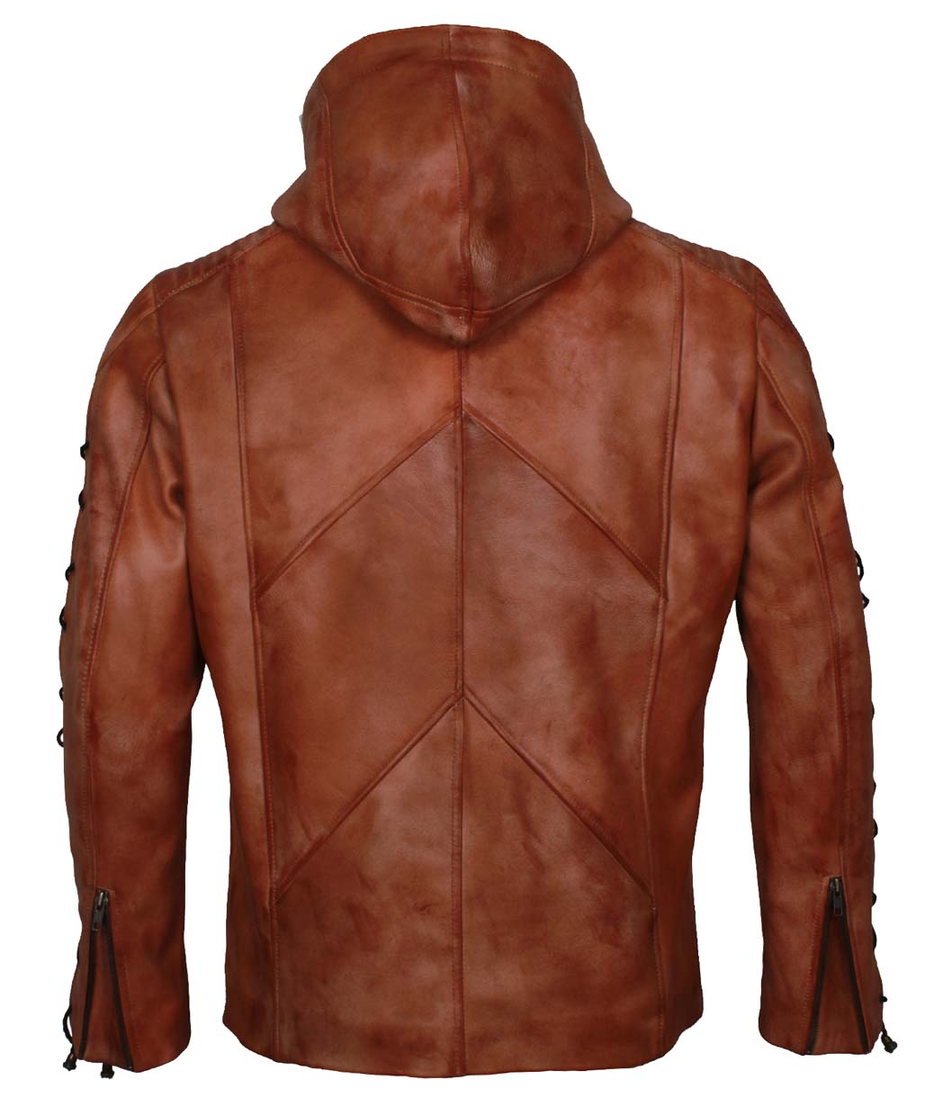 Stephen Amell Arrow Leather Brown Hooded Jacket - USA Leather Factory