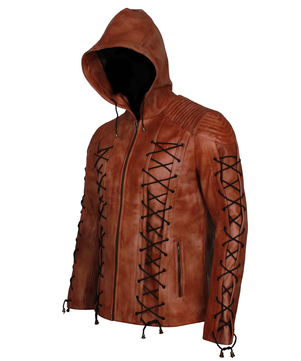 Stephen Amell Arrow Leather Brown Hooded Jacket - USA Leather Factory