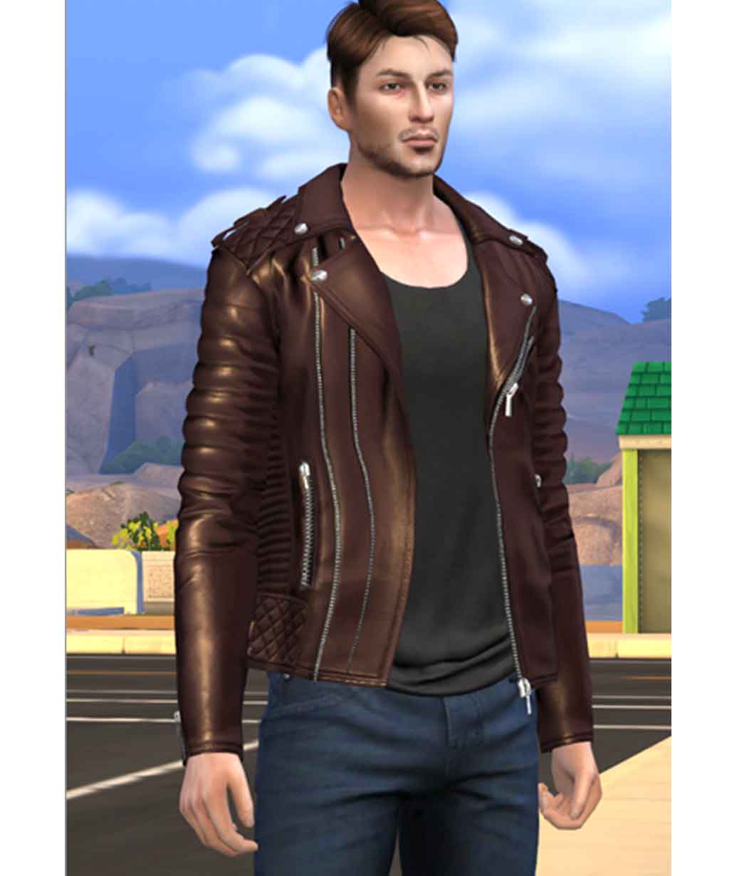 Sims 4 Men Brown Biker Leather Jacket - USA Leather Factory