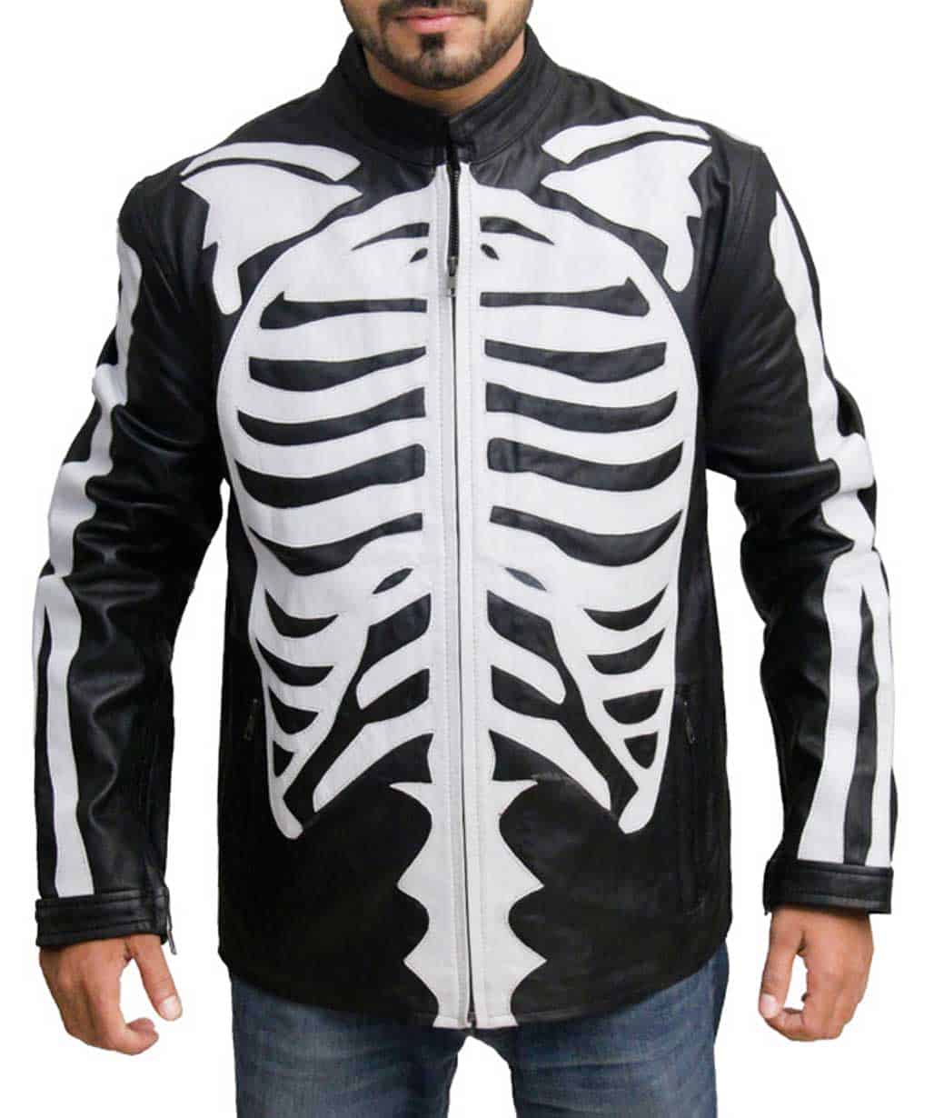 Skeleton Black Men Halloween Leather Jacket Costume
