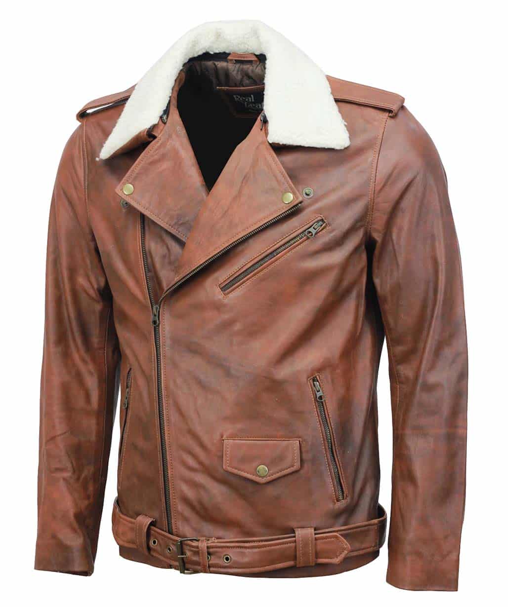 Men's Brown Fur Collar Leather Jacket - USA Leather Factory