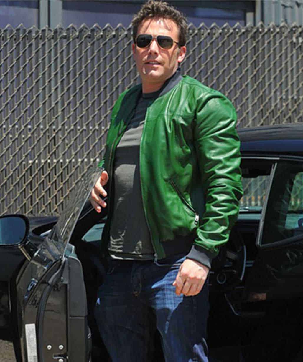 Ben Affleck Green Bomber Leather Jacket - USA Leather Factory