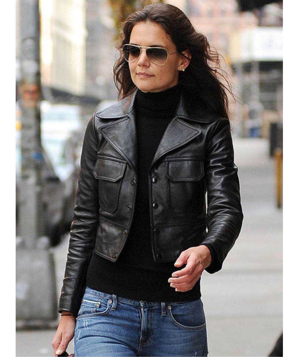 Katie Holmes Black Cropped Leather Jacket - USA Leather Factory