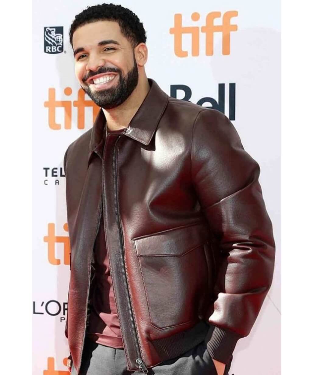Drake Film Festival Maroon Bomber Leather Jacket - USA Leather Factory