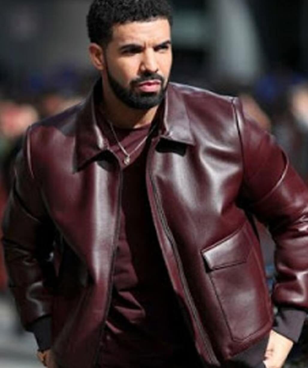 Drake Film Festival Maroon Bomber Leather Jacket - USA Leather Factory