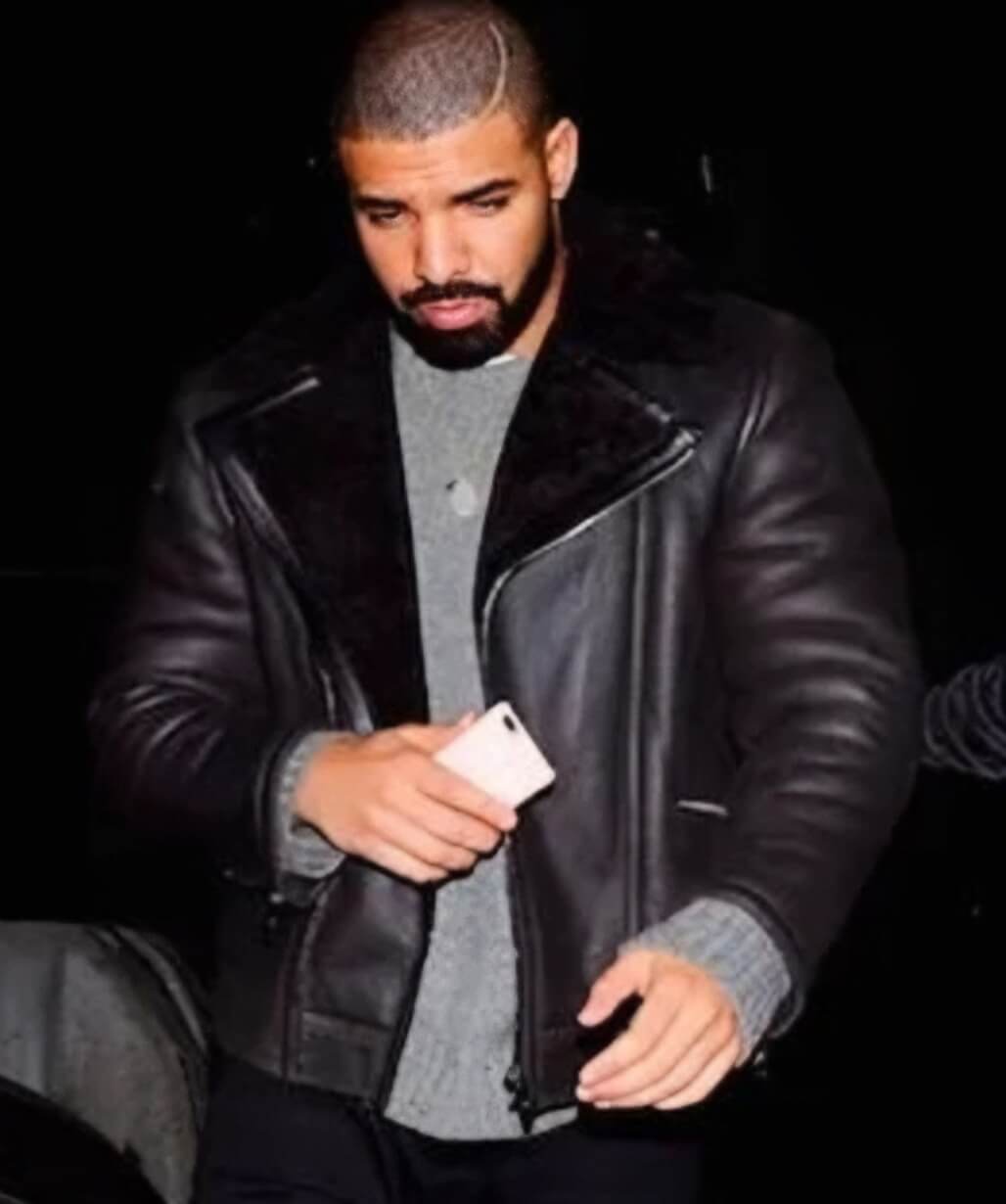 Drake Black Aviator Shearling Leather Jacket - USA Leather Factory