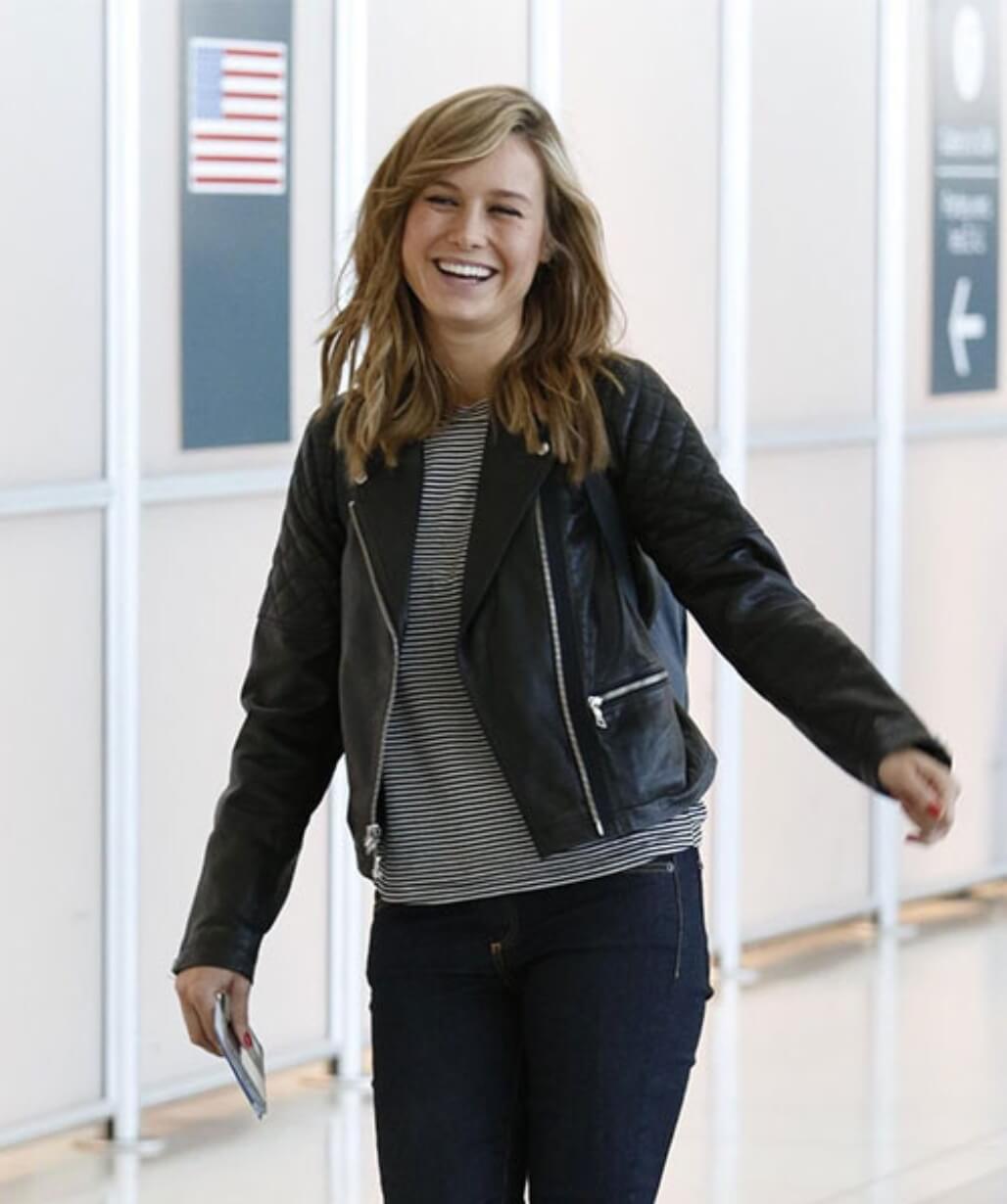 Brie Larson Black Quilted Shoulders Leather Jacket - USA Leather Factory