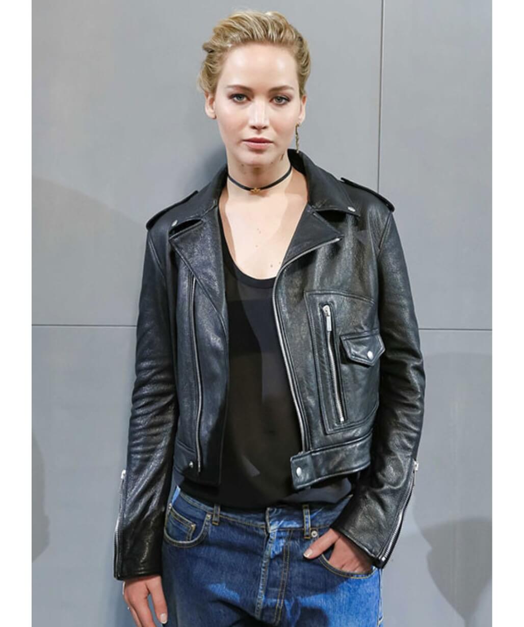Jennifer Lawrence Black Biker Leather Jacket - USA Leather Factory