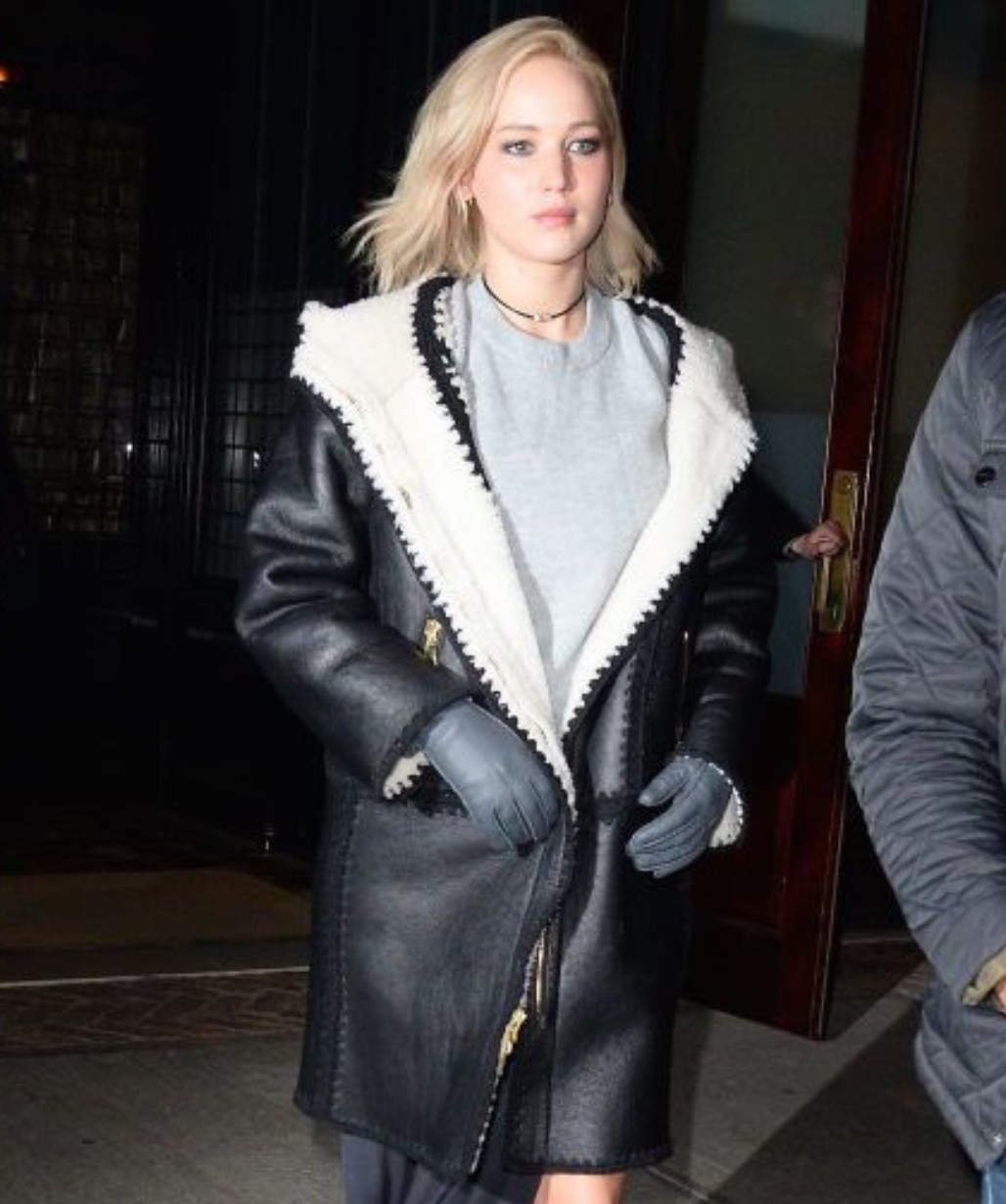 Jennifer Lawrence Black Shearling Leather Coat - USA Leather Factory