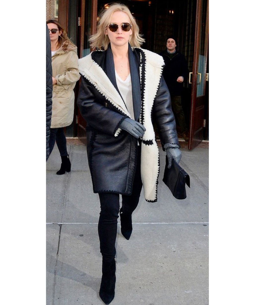 Jennifer Lawrence Black Shearling Leather Coat - USA Leather Factory