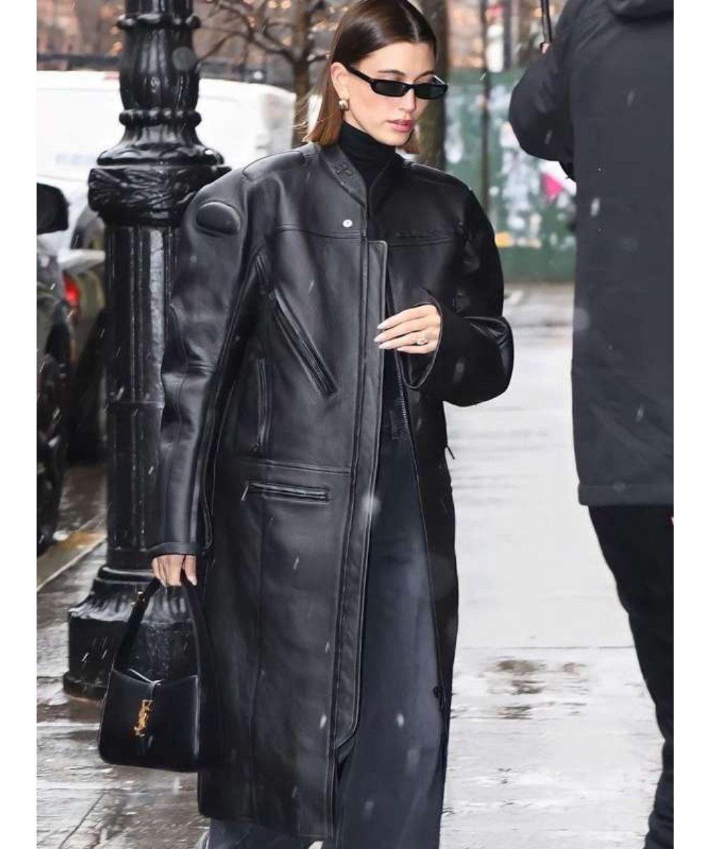 Hailey Bieber Black Trench Leather Coat - USA Leather Factory