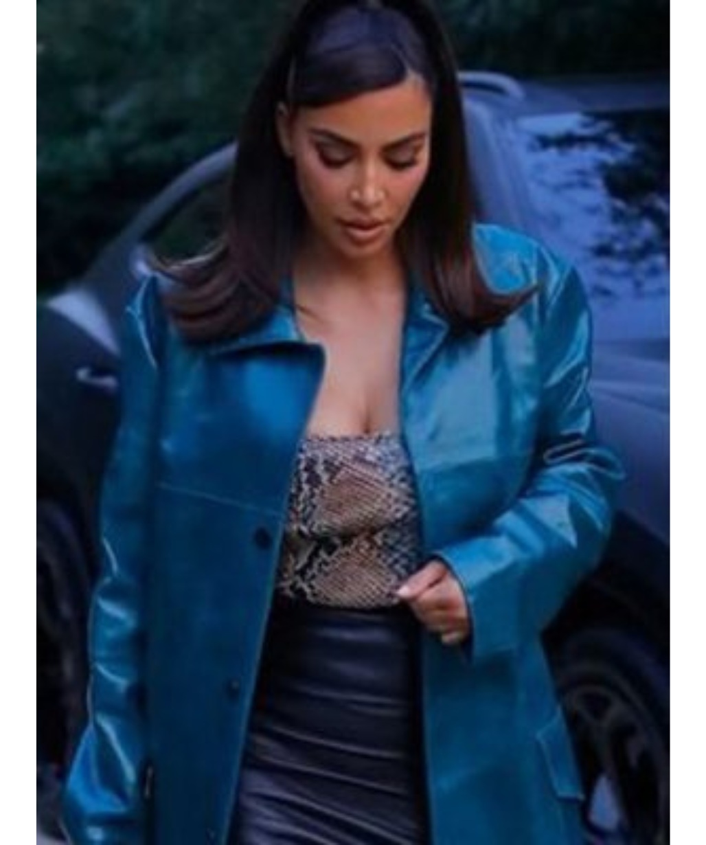 Kim Kardashian Street Wear Blue Leather Coat - USA Leather Factory