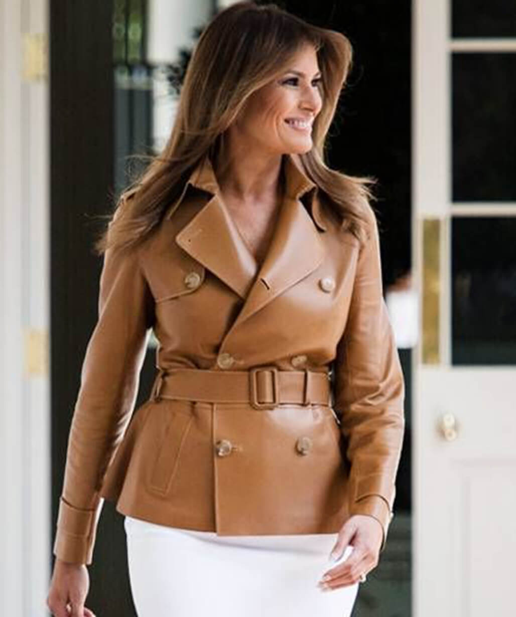 Melania Trump Brown Leather Peacoat - USA Leather Factory