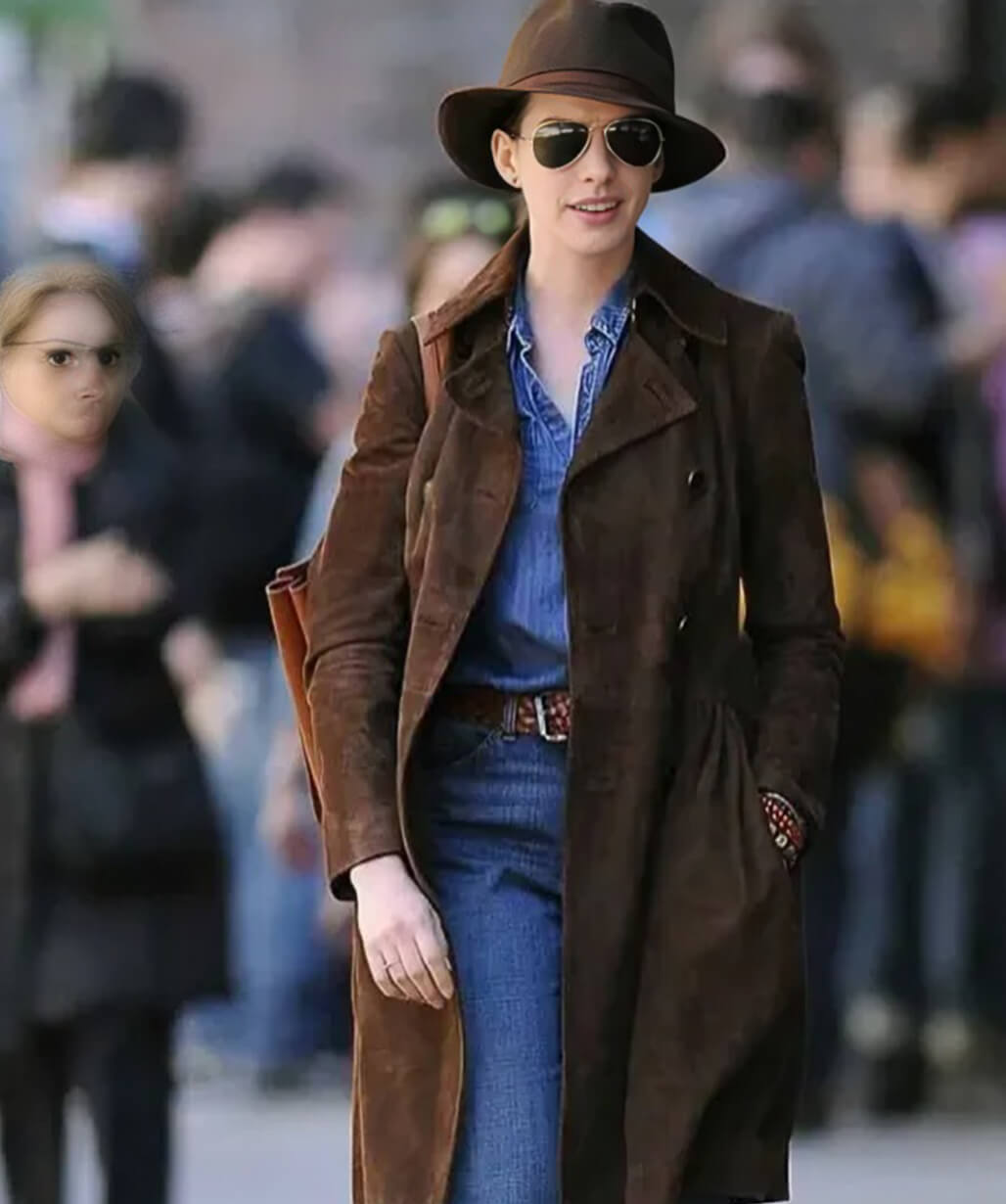 Anne Hathaway Brown Suede Leather Coat - USA Leather Factory
