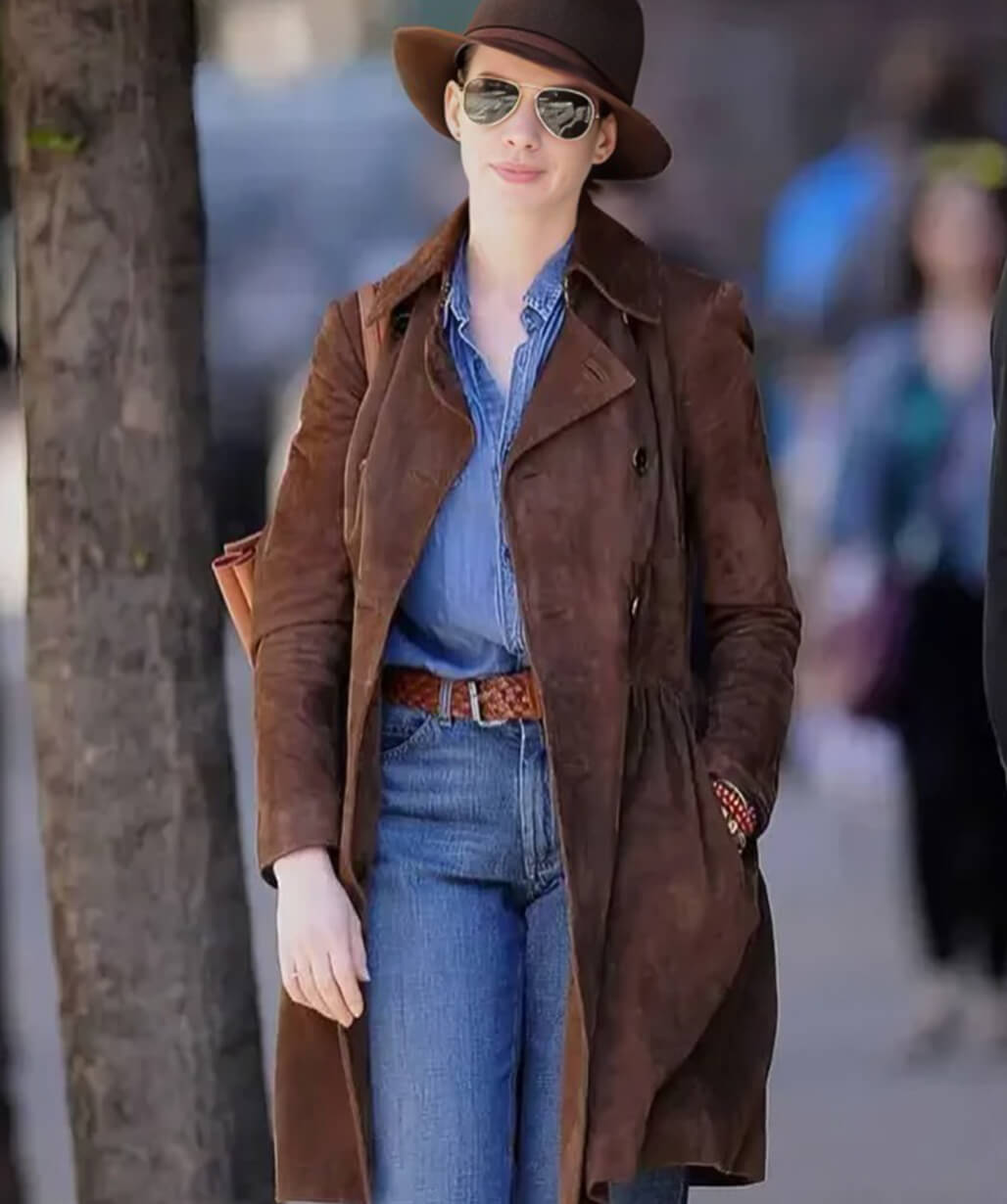 Anne Hathaway Brown Suede Leather Coat - USA Leather Factory