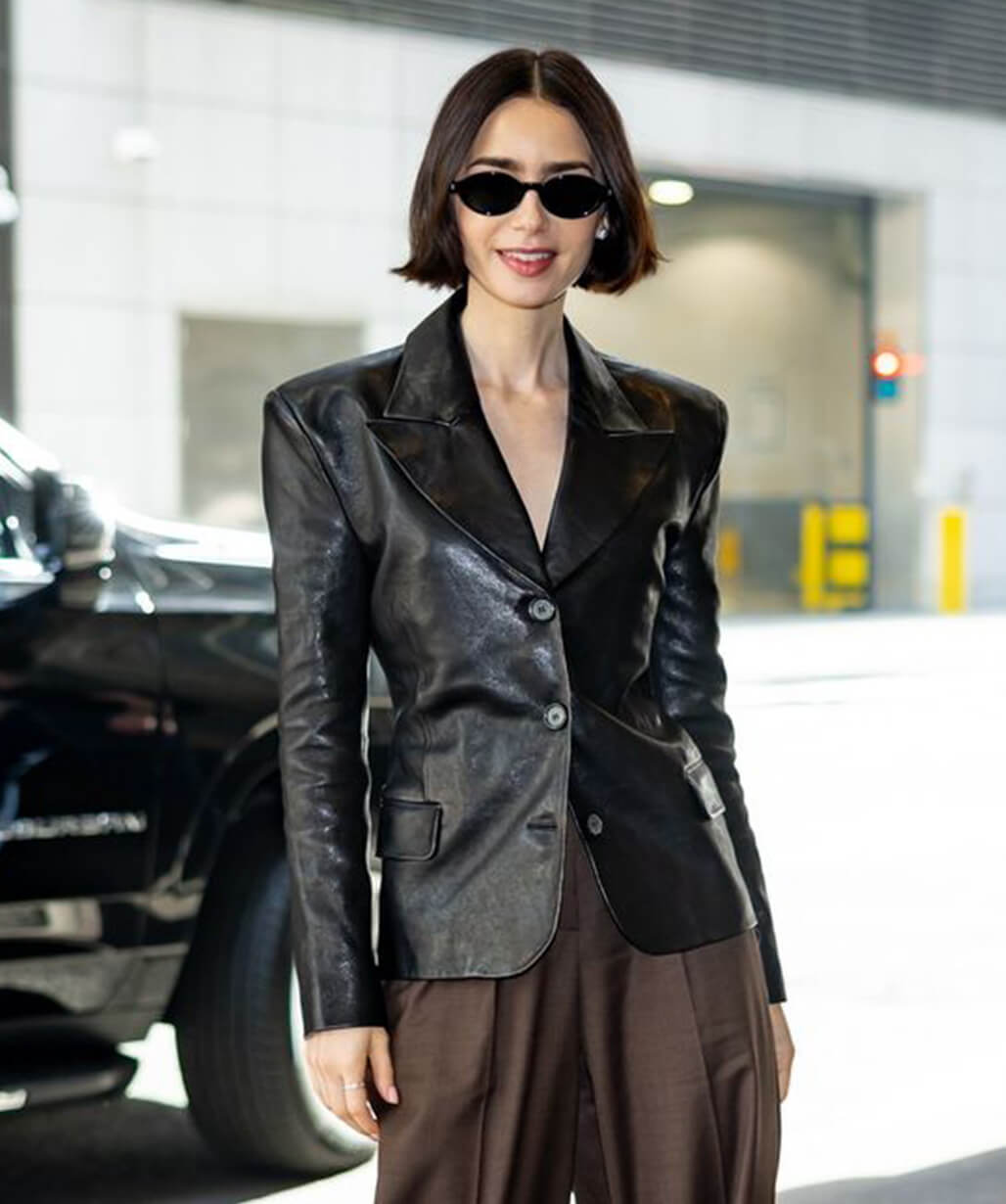 Lily Collins Black Leather Blazer - USA Leather Factory