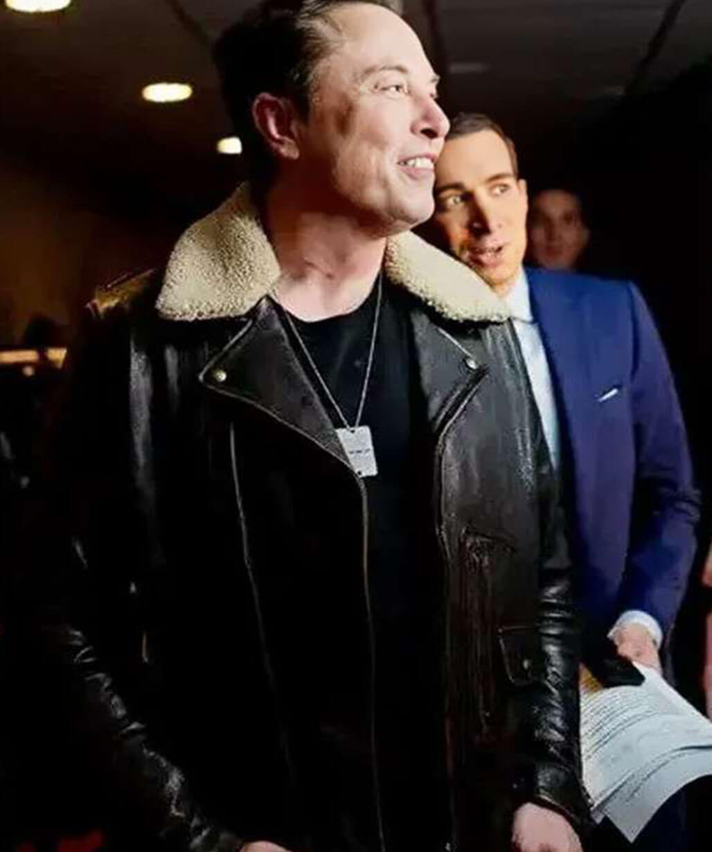 Elon Musk Black Shearling Biker Leather Jacket - USA Leather Factory