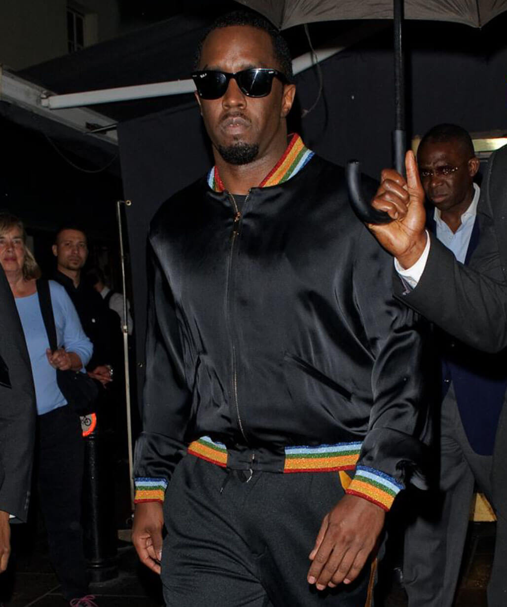 Sean Diddy Black Polyester Bomber Jacket - USA Leather Factory