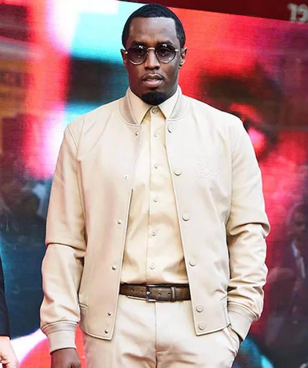 Sean Diddy Cream Leather Bomber Jacket - USA Leather Factory