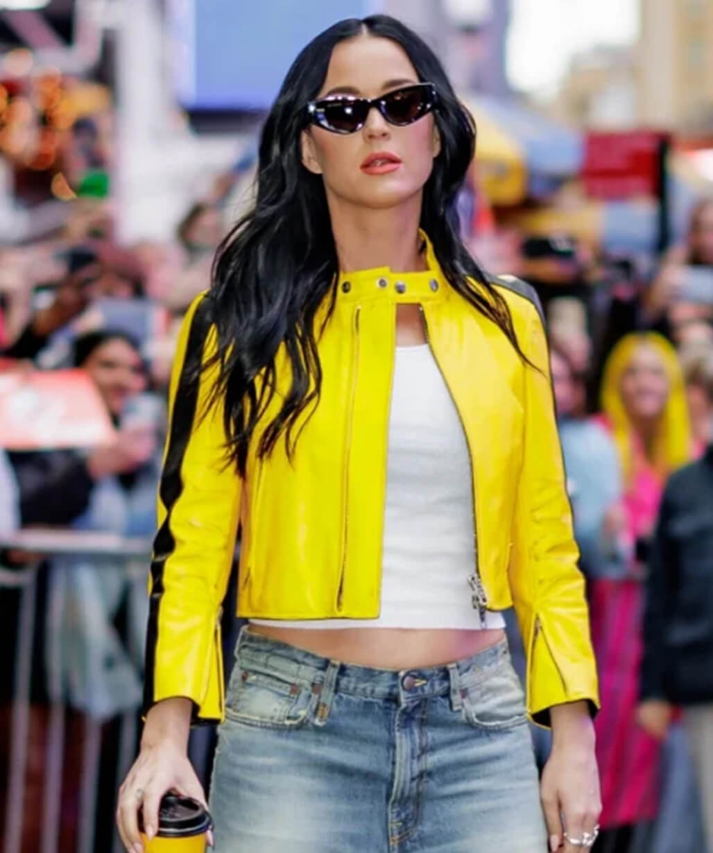 Katy Perry Yellow Biker Leather Jacket - USA Leather Factory