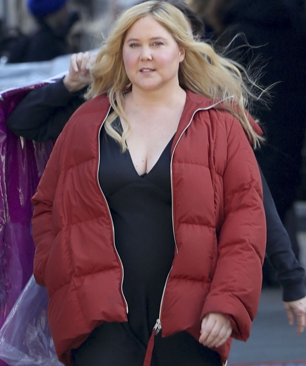 Lainy Newton Kinda Pregnant 2025 Red Puffer Jacket