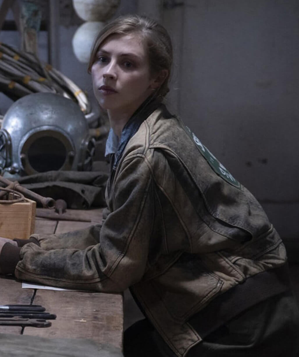 Hermione Corfield Fear Below 2025 Clara Bennett Distressed Leather Jacket - USA Leather Factory