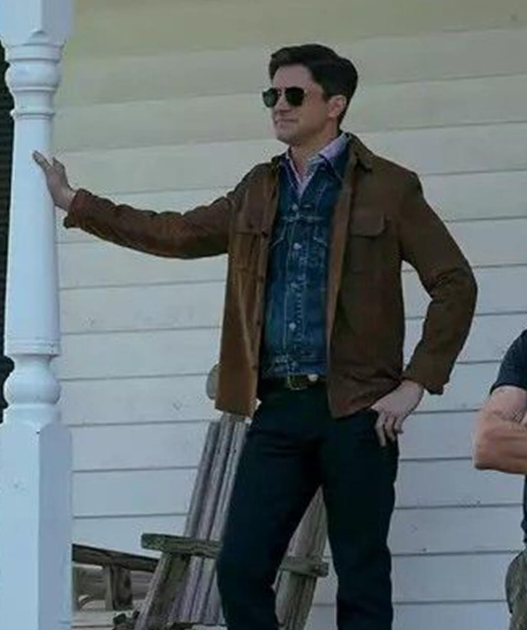 Topher Grace The Waterfront 2025 Grady Brown Suede Jacket