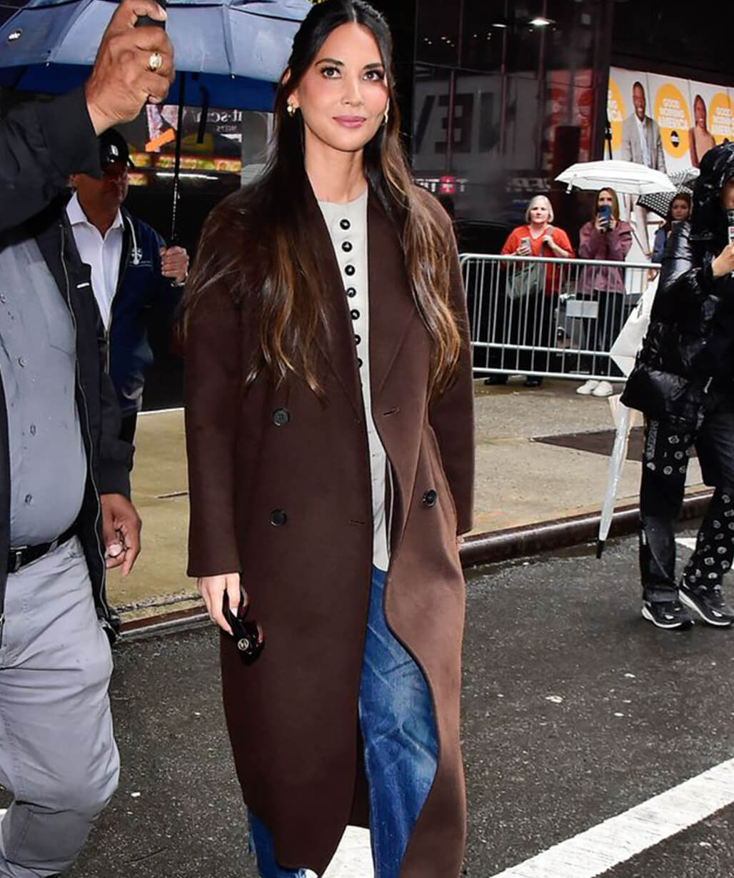 Olivia Munn GMA Studios Brown Trench Coat
