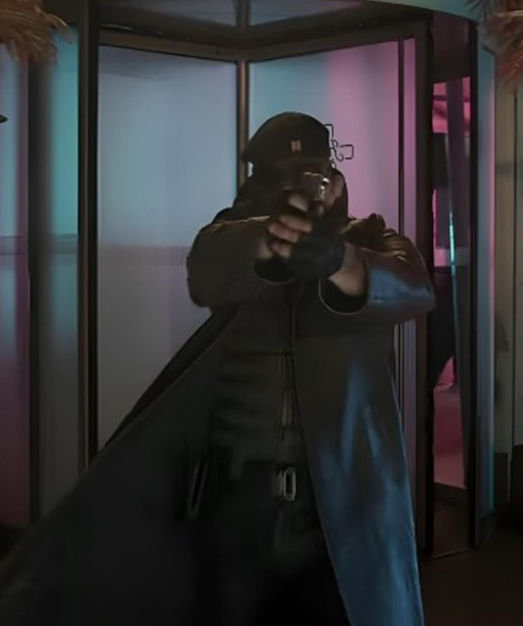 The Running Man 2025 Evan McCone Brown Leather Coat