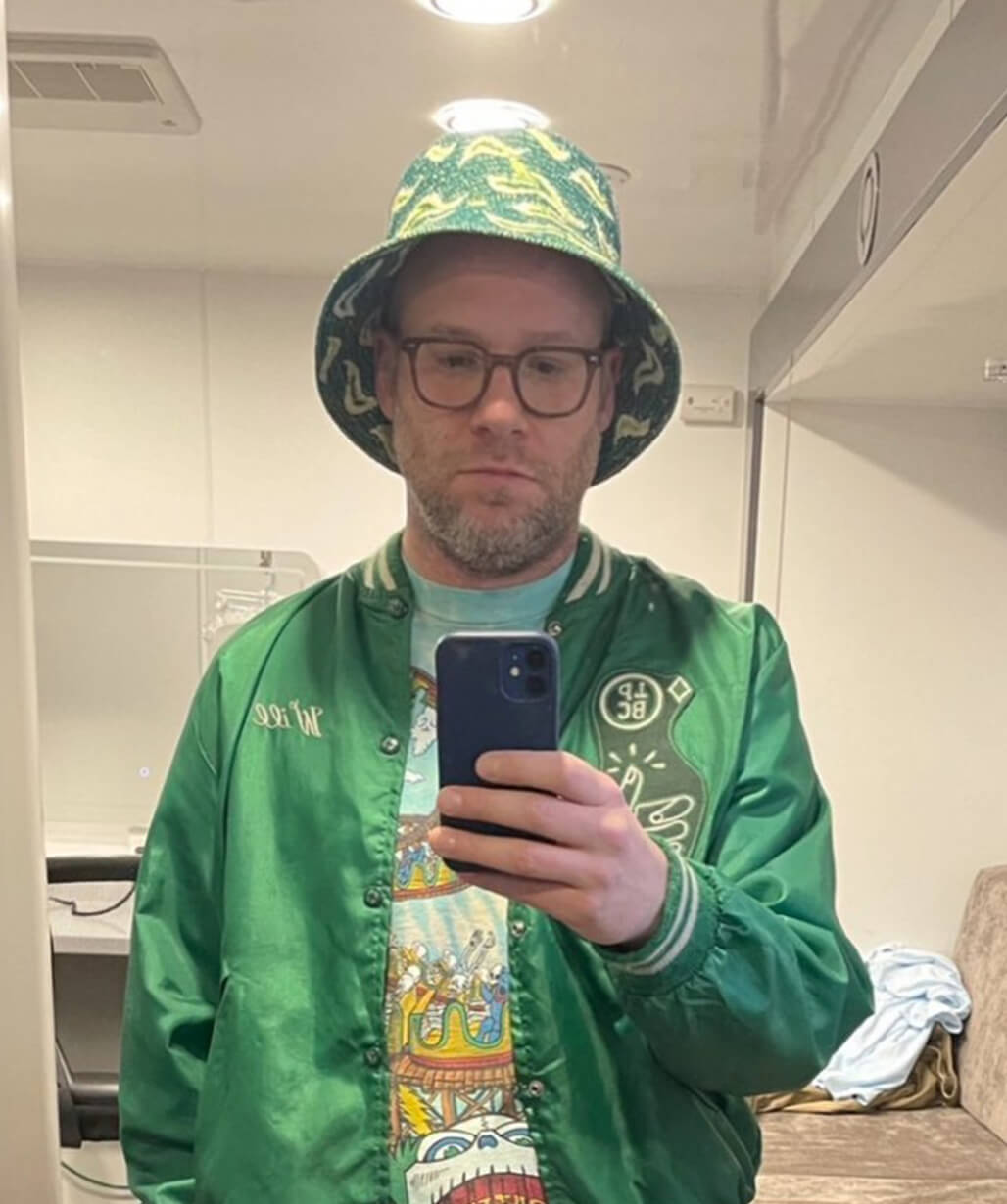 Seth Rogen Platonic S01 Green Varsity Jacket - USA Leather Factory