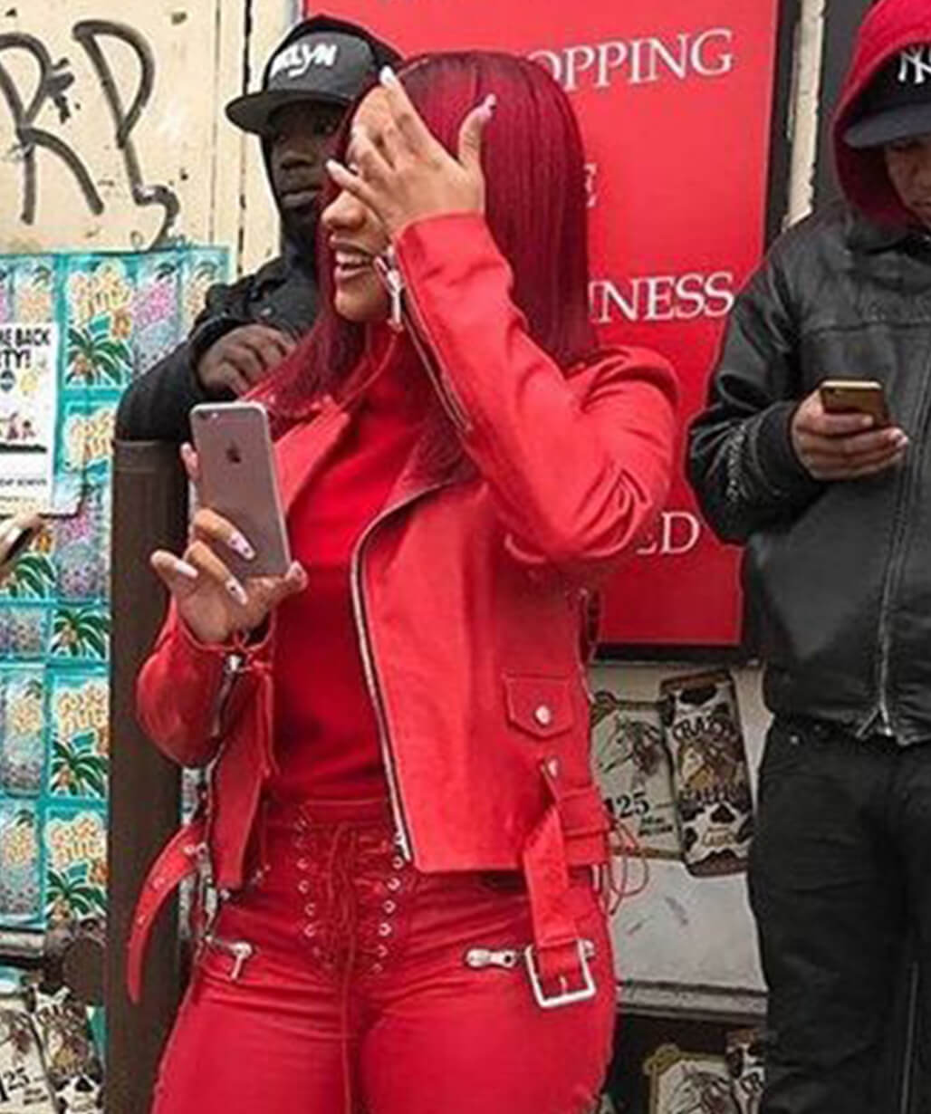 Red Barz 2017 Cardi B Biker Red Leather Jacket